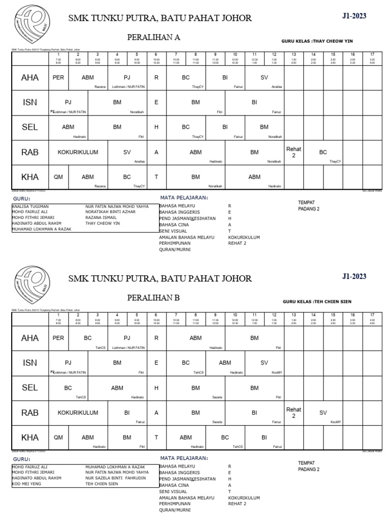 Jadual Bil 1 2023 Kelas | PDF
