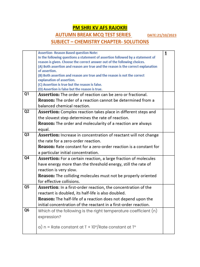 MCQ Test - CHEM KINETICS | PDF