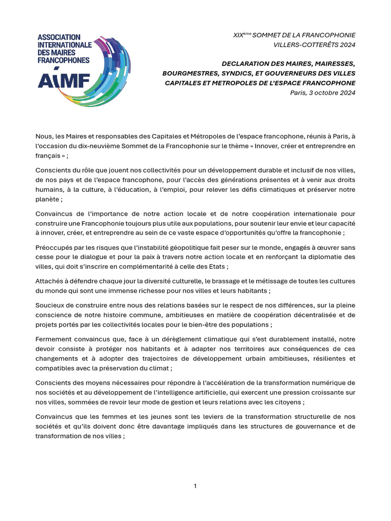 Declaration Paris AIMF Sommet Bureau Octobre 2024 | PDF