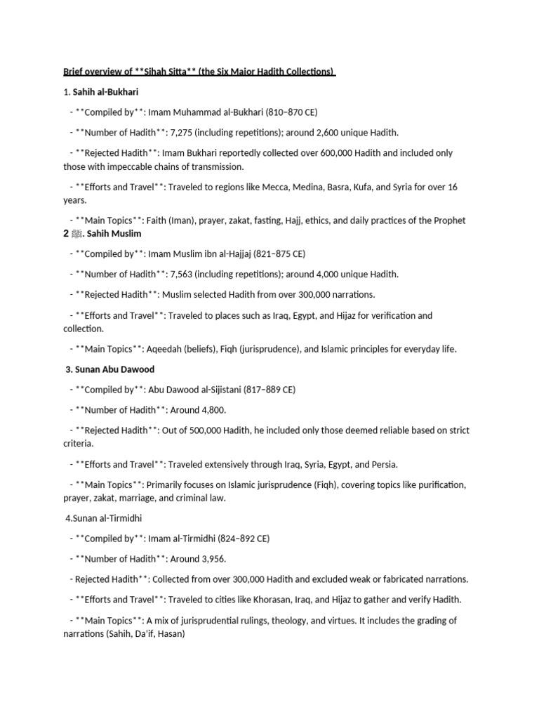 Brief Overview of Sihah Sitta - Kutub Arbaa | PDF