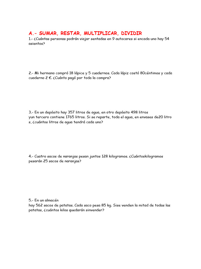 Problemas Mates 5 Primaria | PDF