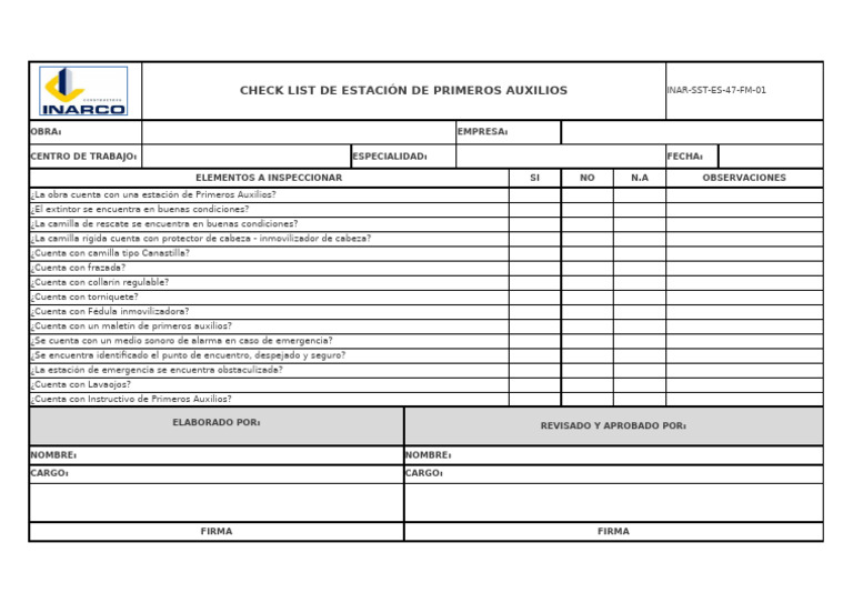 INAR-SST-ES-47-FM-01 Check List de Estación de Primeros Auxil Ver. 01 | PDF