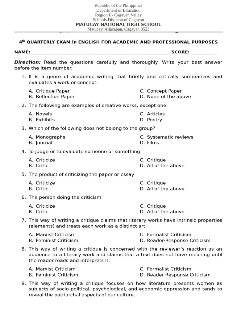 4TH QUARTER EXAM | PDF