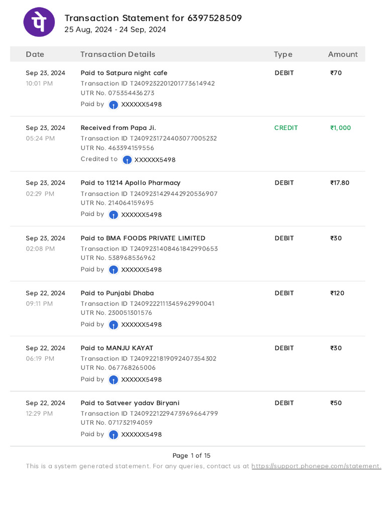 PhonePe Transaction Statement Summary | PDF | Debits And Credits ...