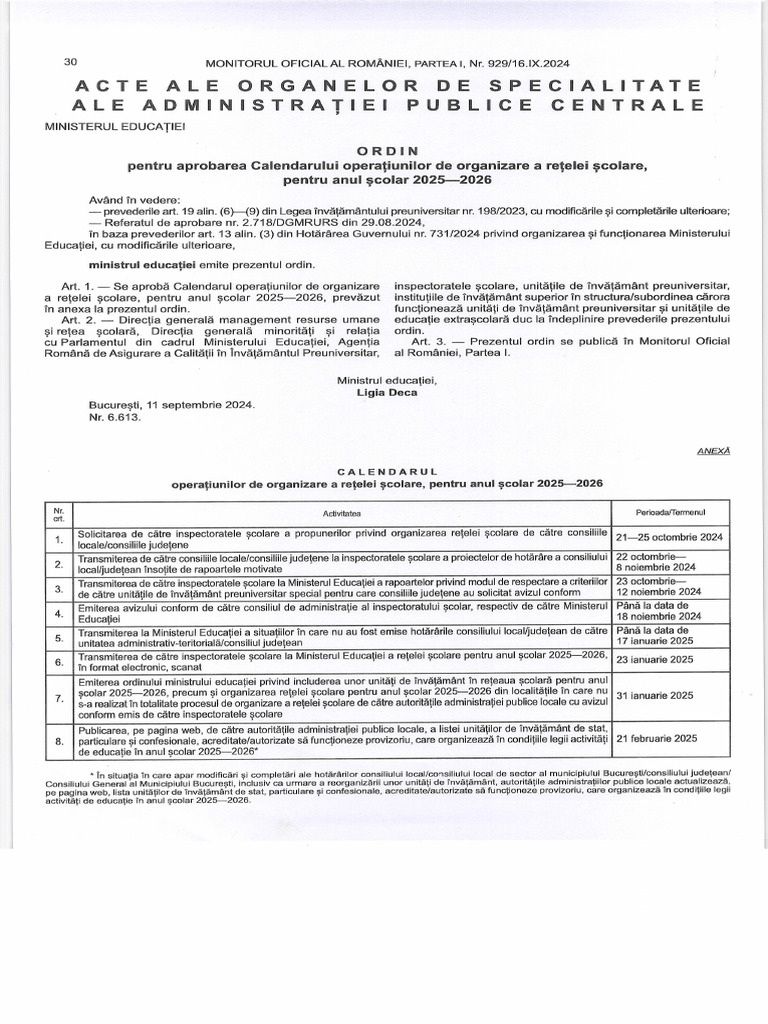 Ordin Calendar Retea 2025-2026 | PDF