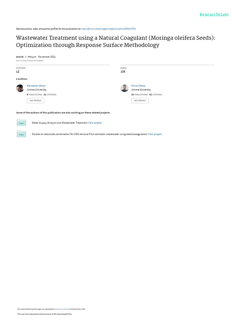 Wastewater Treatment Using A Natural Coagulant (Moringa Oleifera Seeds) : Optimization Through ...