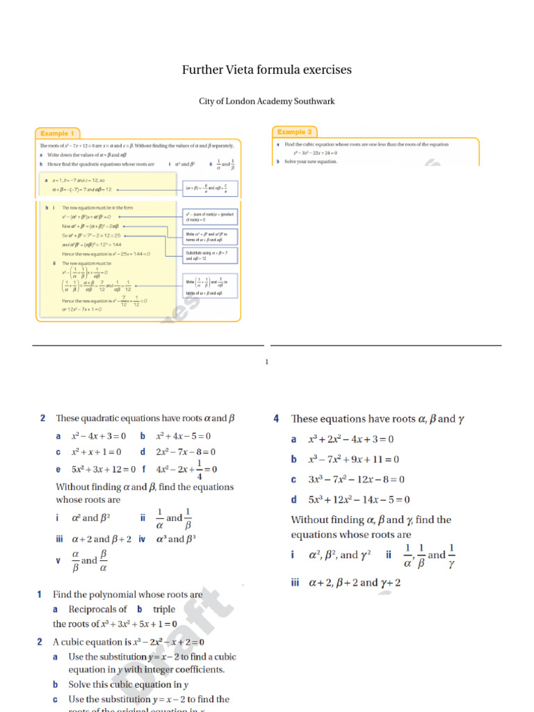 Vieta Formula Exercises | PDF
