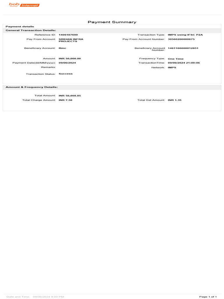 Payment Summary: 1406187690 Imps Using Ifsc P2A Srihan Infra Projects 30560200000675 | PDF ...