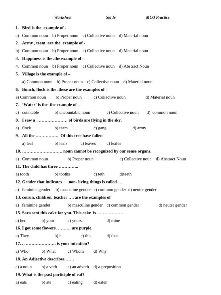 Worksheet STD Iv MCQ Practice | PDF