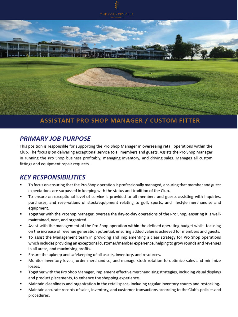 Job Advert Assistant Pro Shop Manager - Custom Fitter | PDF