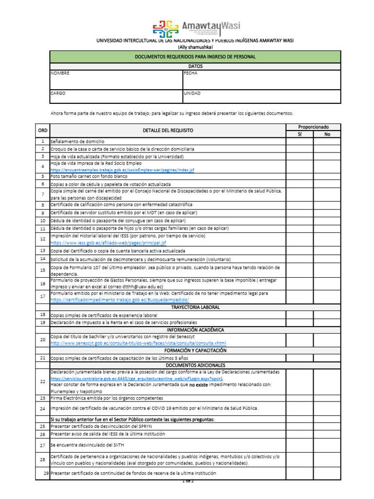 Documentos Requeridos para Ingreso de Personal | PDF