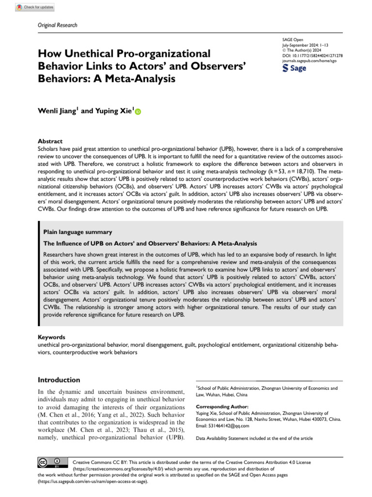 How Unethical Pro Organizational Behavior Links To Actors and Observers Behaviors A Meta ...