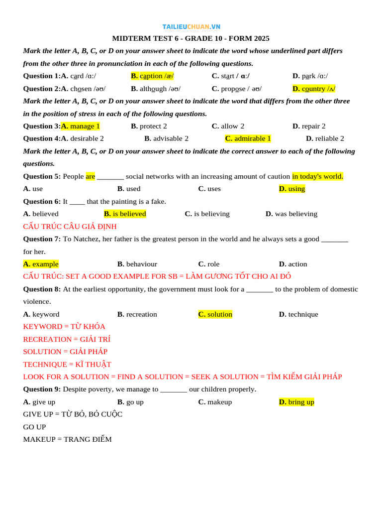 MIDTERM TEST 6.docx Đề 6 Lớp 10 | PDF
