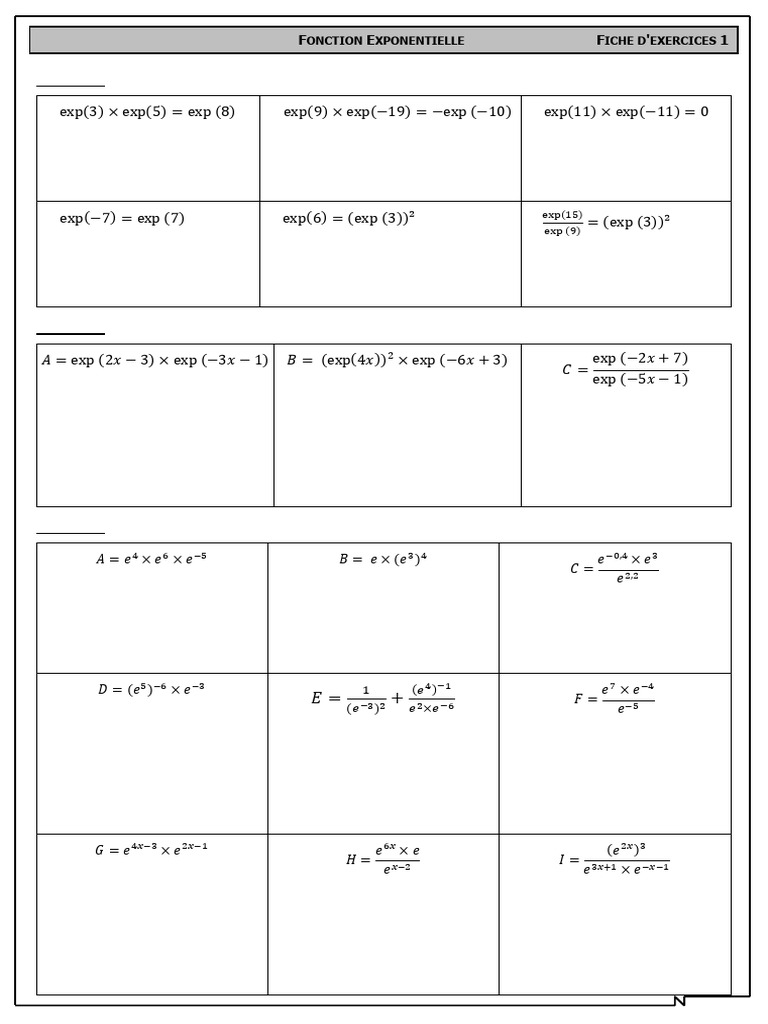 Fiche d'exercices 1 - Exponentielle et application des formules | PDF