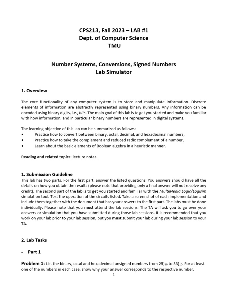 CPS213, Fall 2023 LAB #1 Dept. of Computer Science TMU Number Systems, Conversions, Signed ...