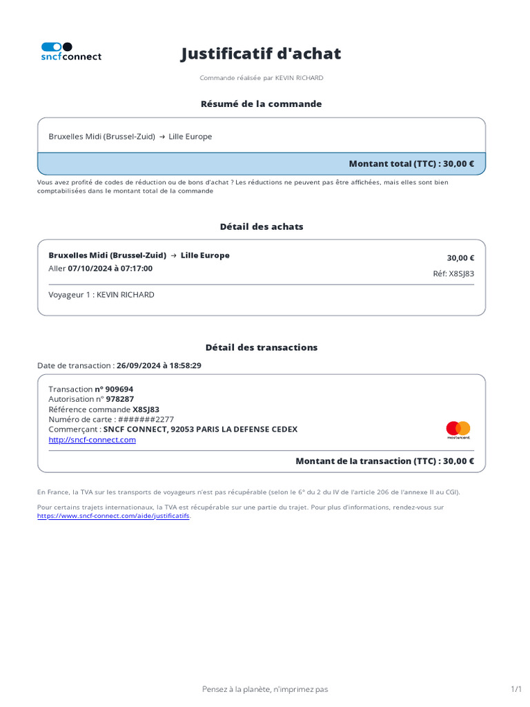 0717 JustificatifAchat SNCFCONNECT | PDF