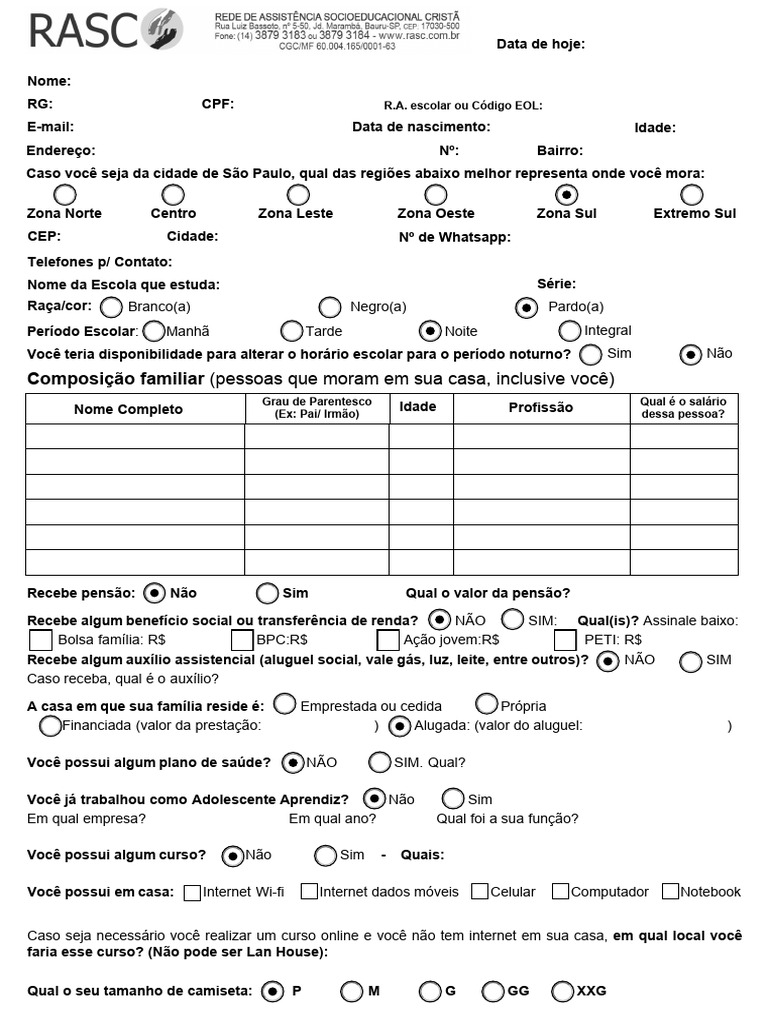 Formulario RASC SP | PDF