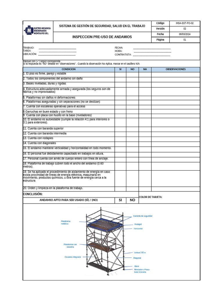 MSA-SST-FO-02 - Check List de Inspección de Andamios Ver 02 | PDF | Andamio