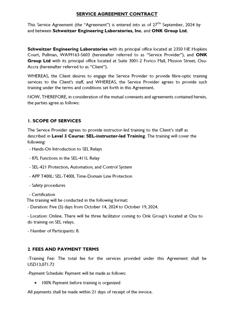 Fibre-Optic Training Service Agreement | PDF | Indemnity | Private Law