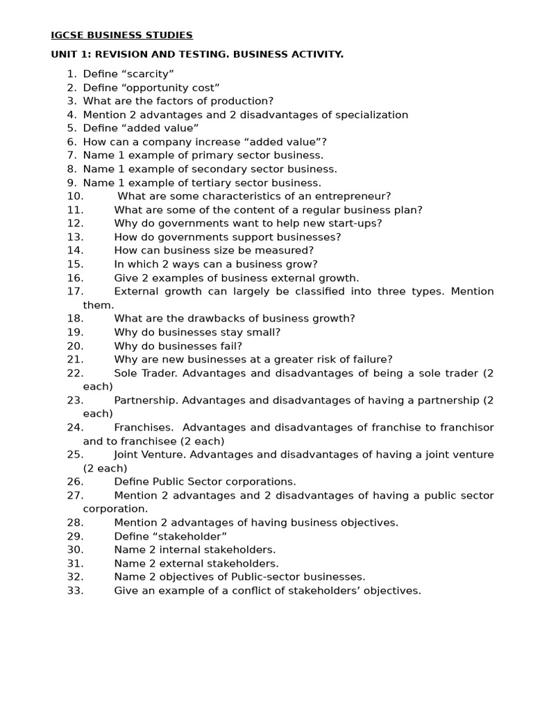 Unit 1 Business Activity. Review and Testing Questions | PDF Unit 1 Business Activity. Review and Testing Questions | PDF