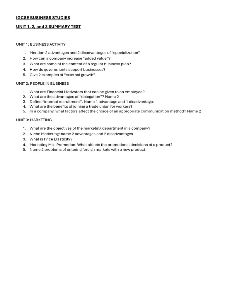 IGCSE BUSINESS STUDIES. TEST UNIT 1,2 and 3 | PDF