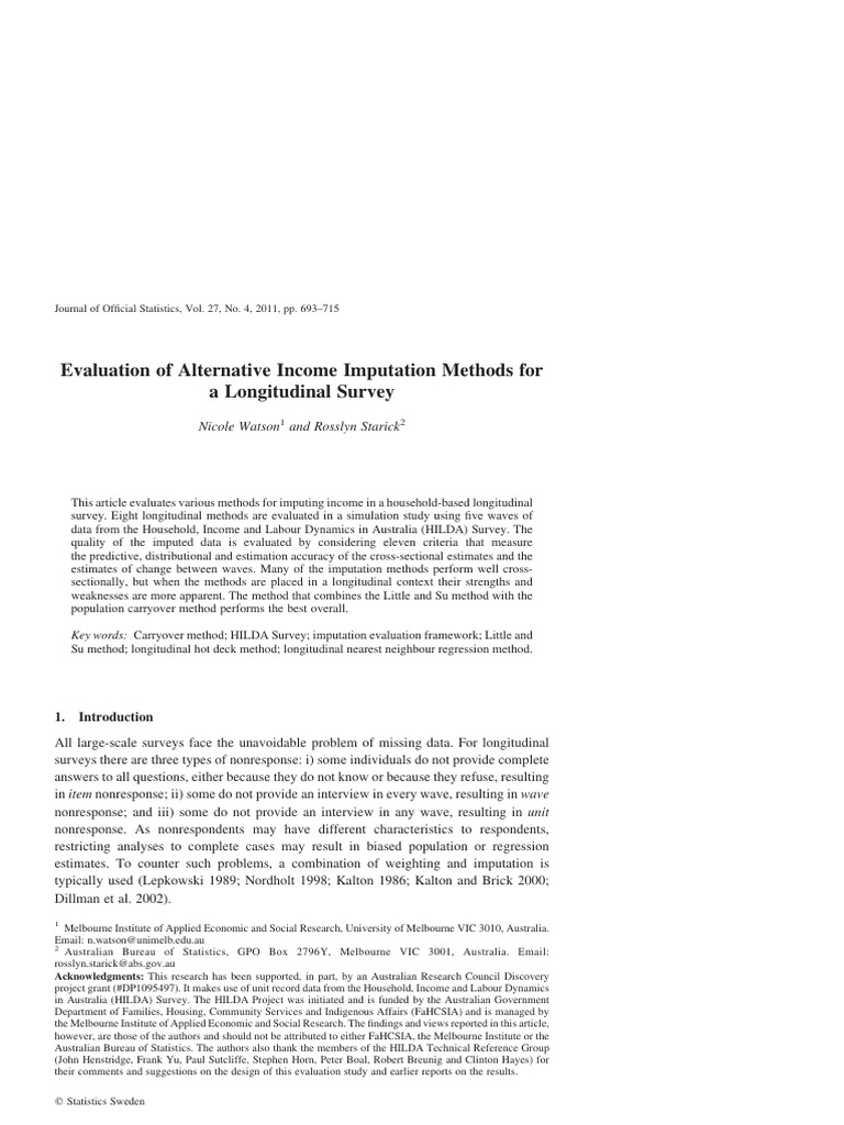 Evaluation of Alternative Income Imputation Methods For A Longitudinal Survey | PDF