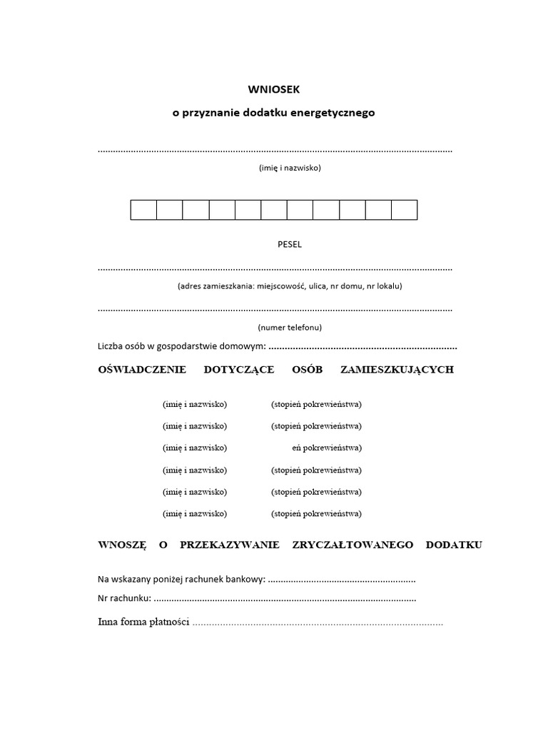 Wniosek o Dodatek Energetyczny | PDF