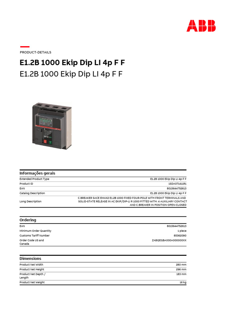 1SDA071411R1 E1 2b 1000 Ekip Dip Li 4p F F | PDF
