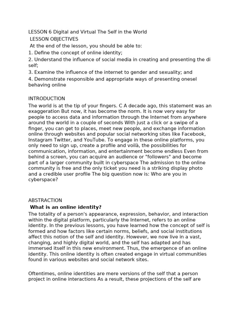 LESSON 6 Digital and Virtual The Self in The World | PDF