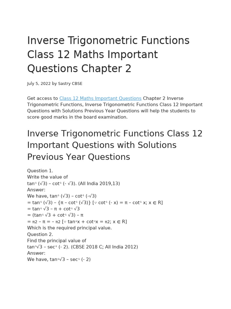 Inverse Trignometry Pyq 1 Pdf