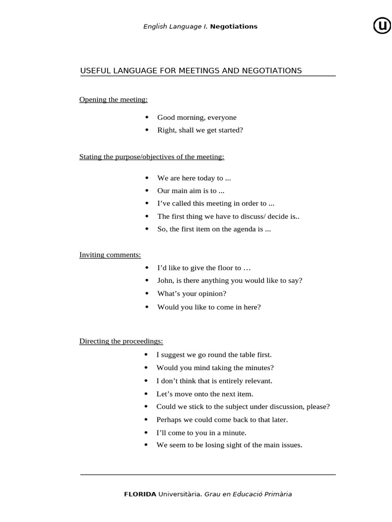 Useful Language For Meetings and Negotiations | PDF