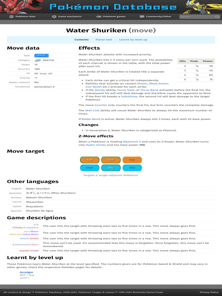 Water Shuriken Pokémon Moves Pokémon Database | PDF