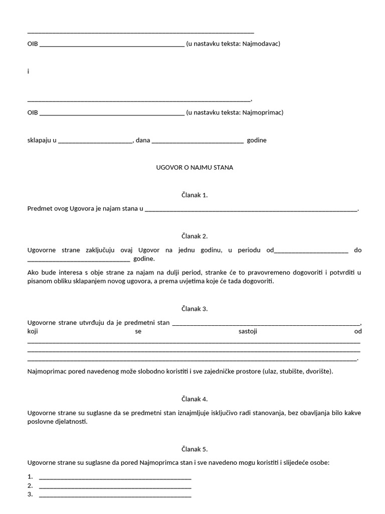 Ugovor o Najmu Stana - Primjerak | PDF