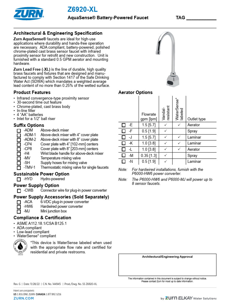Architectural & Engineering Specification: Aquasense® Battery-Powered Faucet Tag | PDF