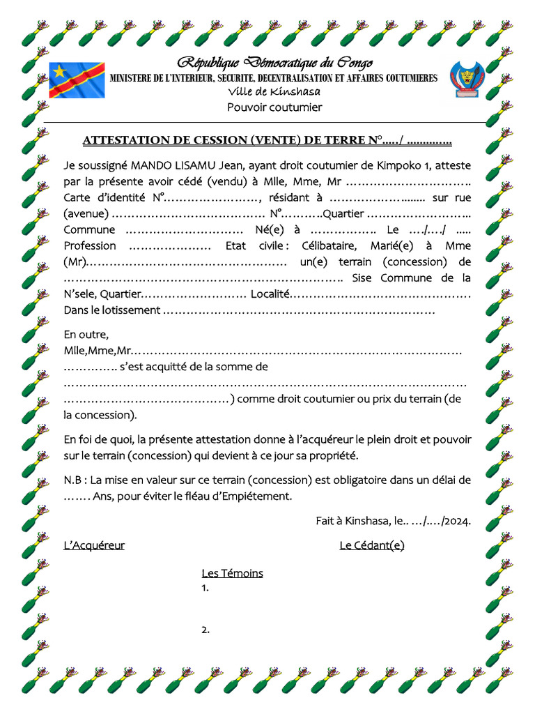 Attestation de Cession de Vente - 093609 | PDF