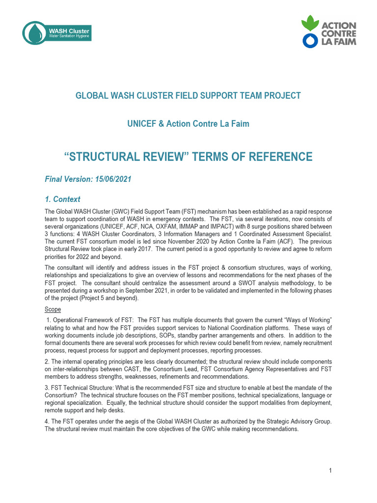 FST Structural Review TORs V3 Final Validated ACFUNICEF 15062021 | PDF