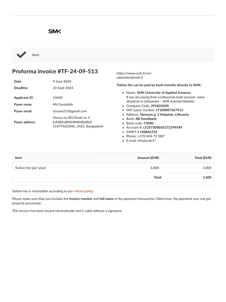 Proforma Invoice #TF 24-09-513 | PDF
