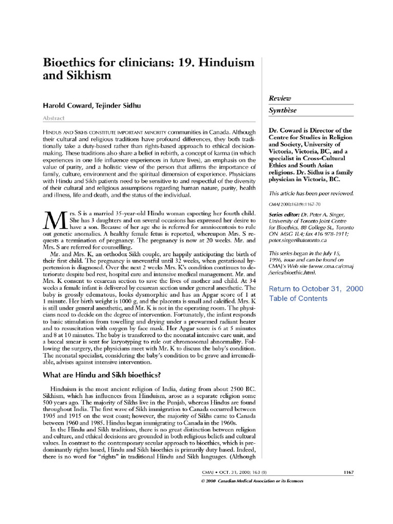 bIOETHICS FOR CLINICIANS 19. Hinduism ans Sikhism | PDF