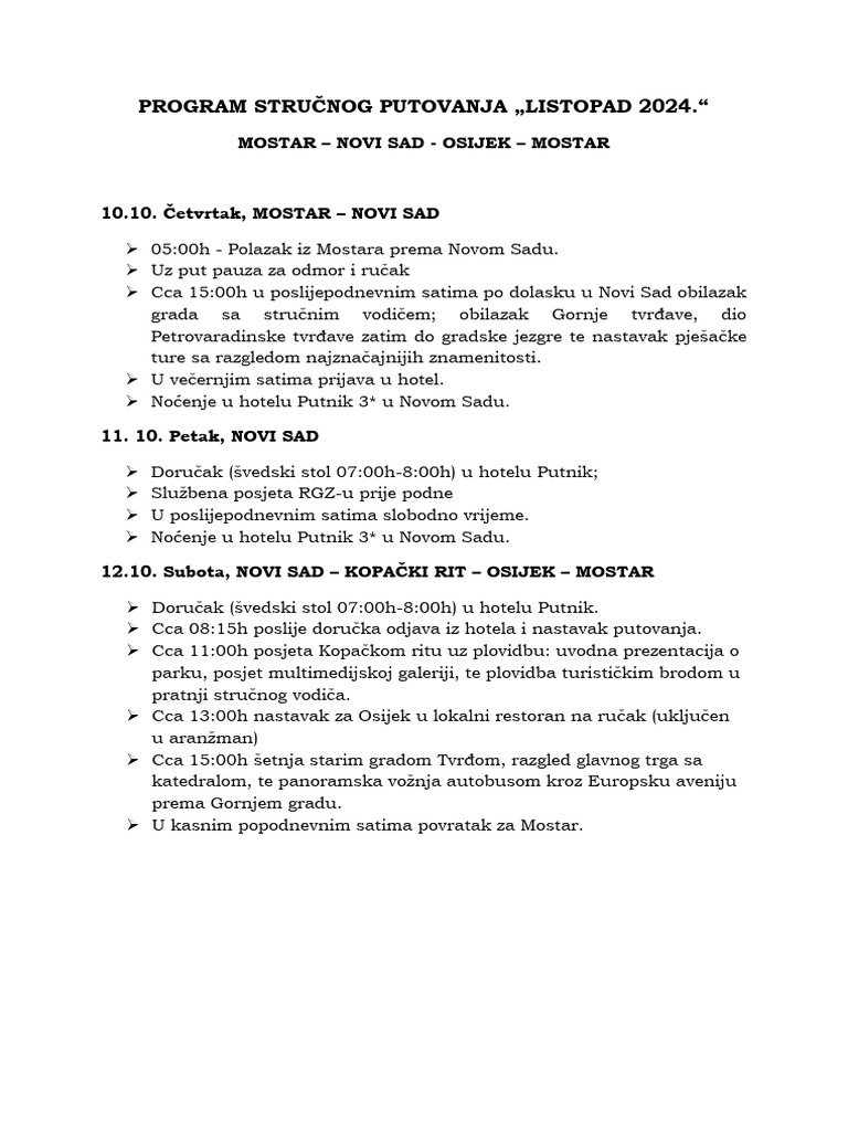 Program Strucnog Putovanja Novi Sad 2024 | PDF