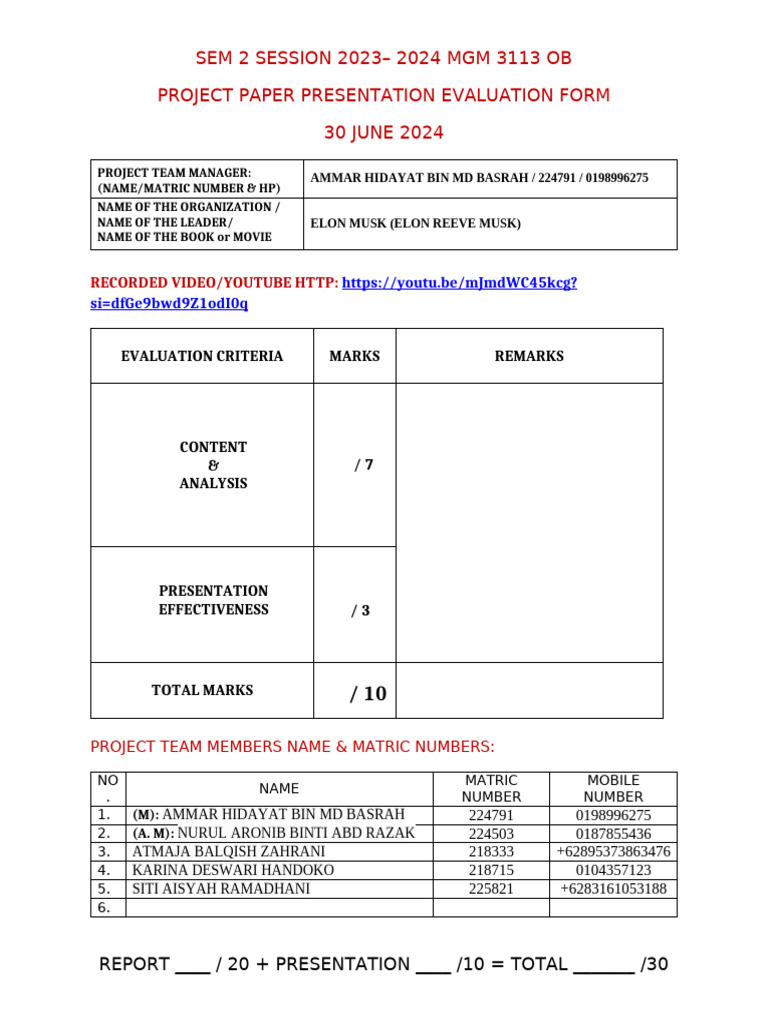 PROJECT PAPER PRESENTATION EVALUATION FORM | PDF
