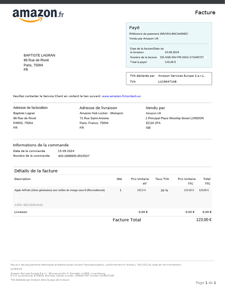 Facture Amazon Air Pods | PDF
