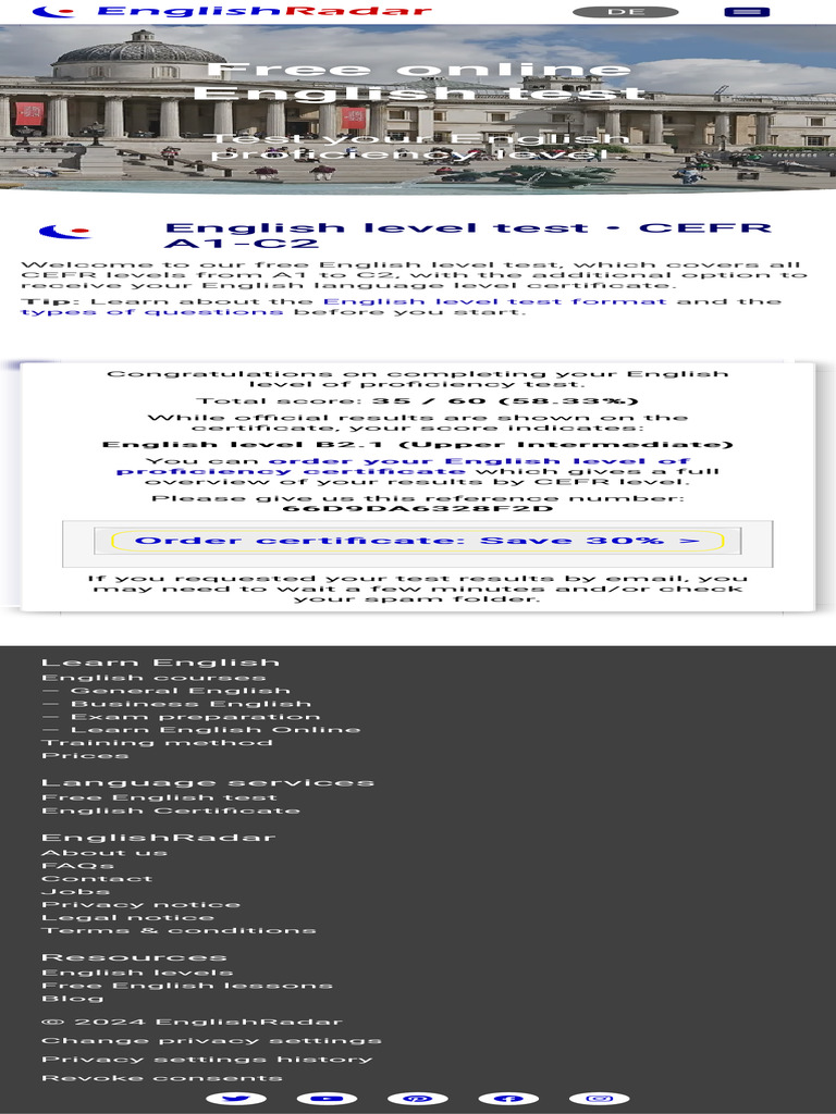 English Level Test (A1-C2) - Online English Test EnglishRadar | PDF