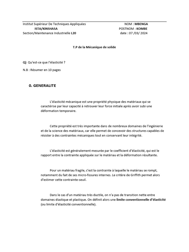 TP Mécanique de Solide N°1 | PDF