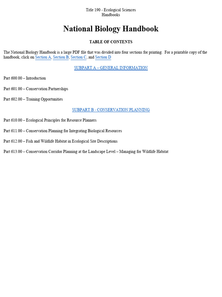 National Biology Handbook Table of Contents | PDF
