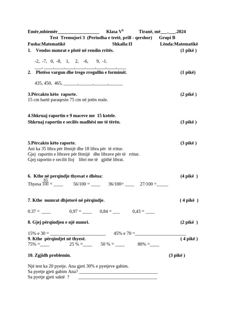 Test Matematike 5, Tremujori 3 Grupi B | PDF