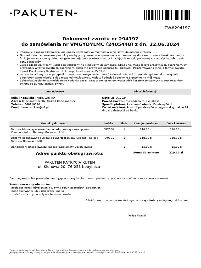 Pakuten Zwrot NR 294197 | PDF