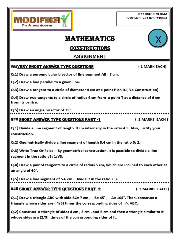 Assignment - Construction Maths Class 10th | PDF | Triangle | Circle