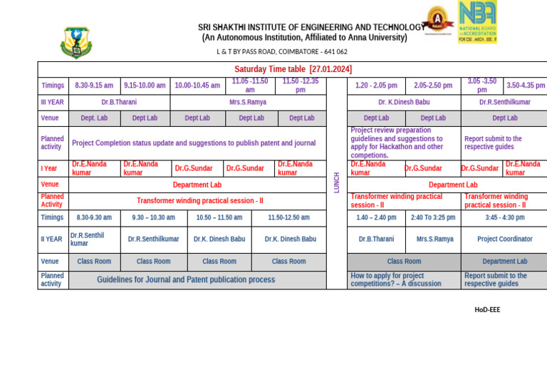Saturday Time Table For 27.01.2024 | PDF