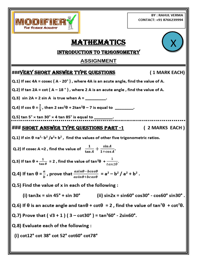 Assignment- Introduction to Trigonometry Class 10th Maths | PDF