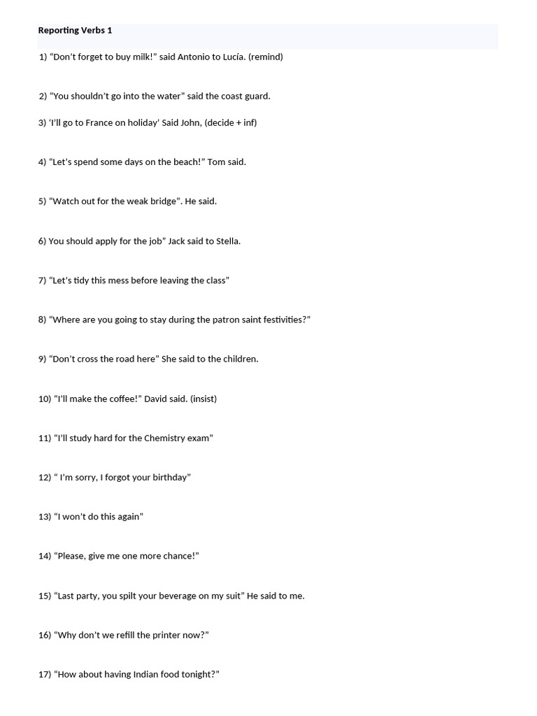 Reporting Verbs Exercises | PDF